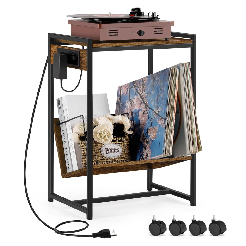 Record Player Stand with Vinyl Storage Side Table with Charging Station ...